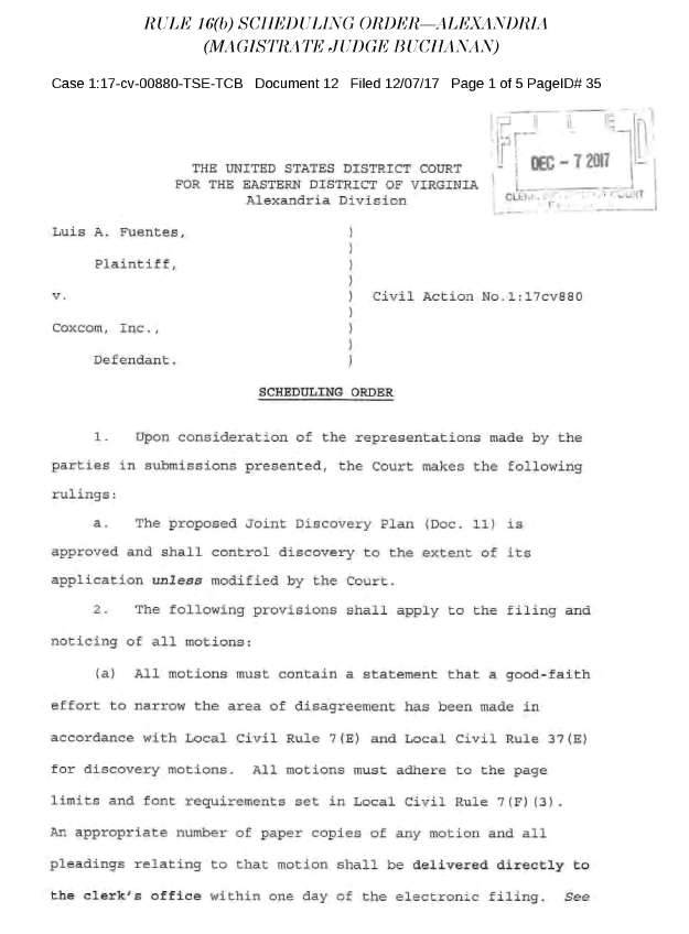 Appendix 3-15 Rule 16(b) Scheduling Order— Alexandria (magistrate Judge ...
