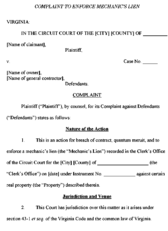 Appendix 18-8 Complaint to Enforce Mechanic's Lien - Chapter 18 ...